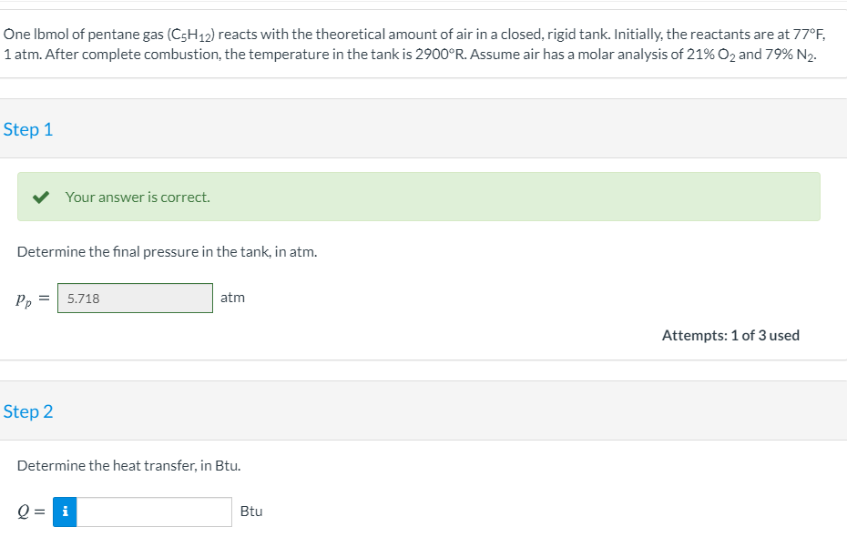 Solved One lbmol of pentane gas (C3H12) reacts with the | Chegg.com