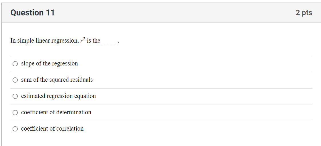 Solved Question 11 2 pts In simple linear regression, r2 is | Chegg.com