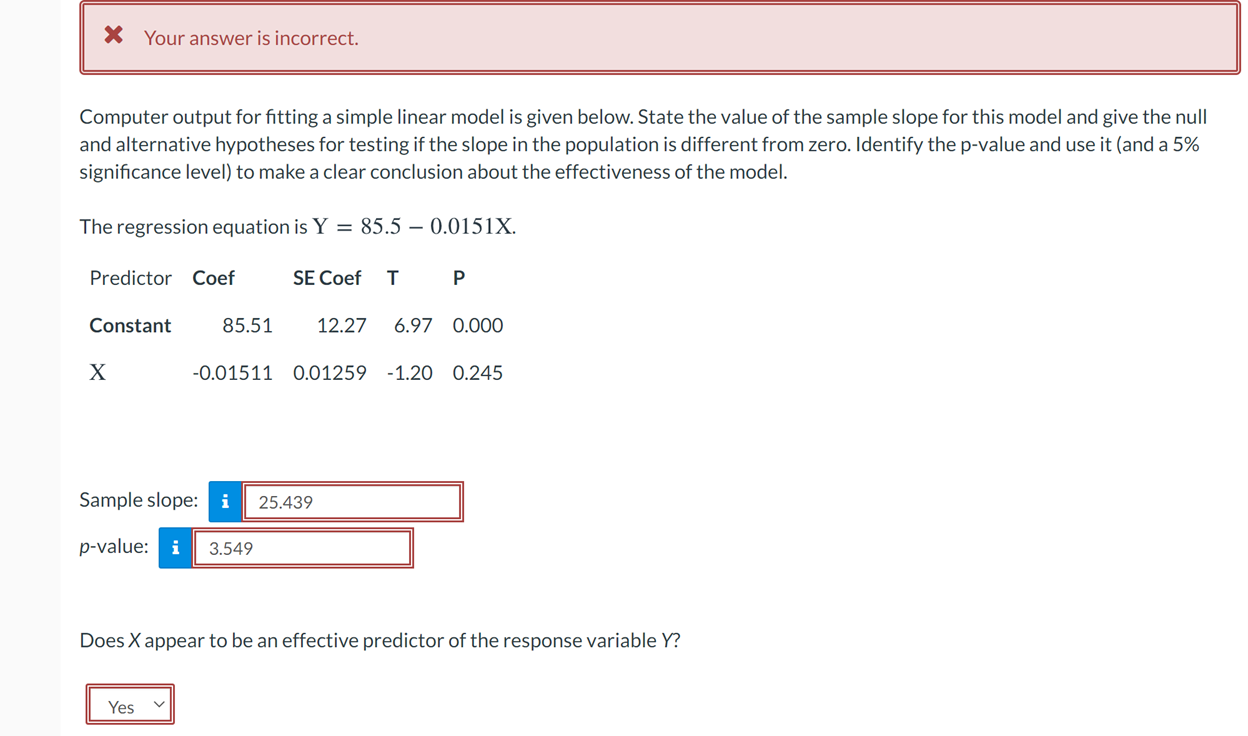 Solved X Your answer is incorrect. Computer output for | Chegg.com