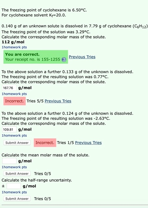 Solved The freezing point of cyclohexane is 6.50°C. For | Chegg.com