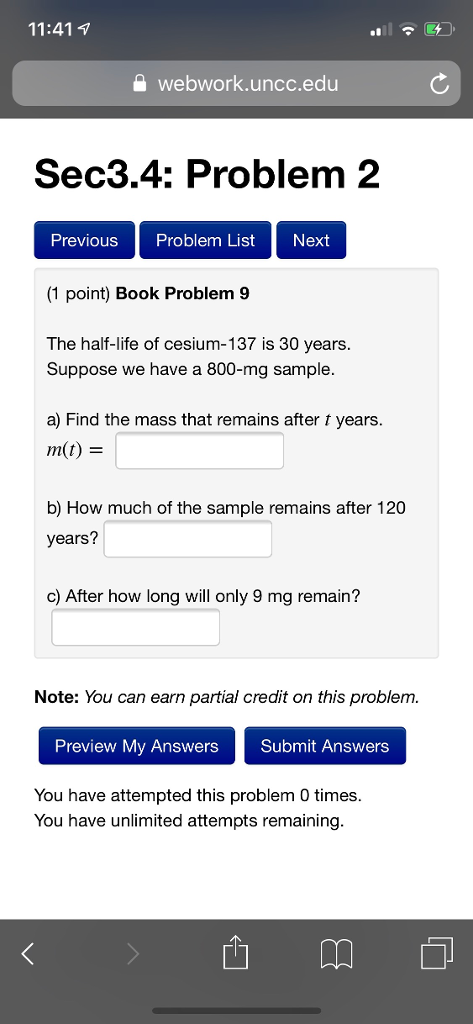 Solved 11:41 a webwork.uncc.edu Sec3.4: Problem 3 Previous | Chegg.com