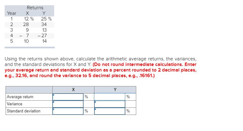 Solved Returns Year X 12 % 25 % 2 28 34 3 9 13 5 10 14 Using | Chegg.com