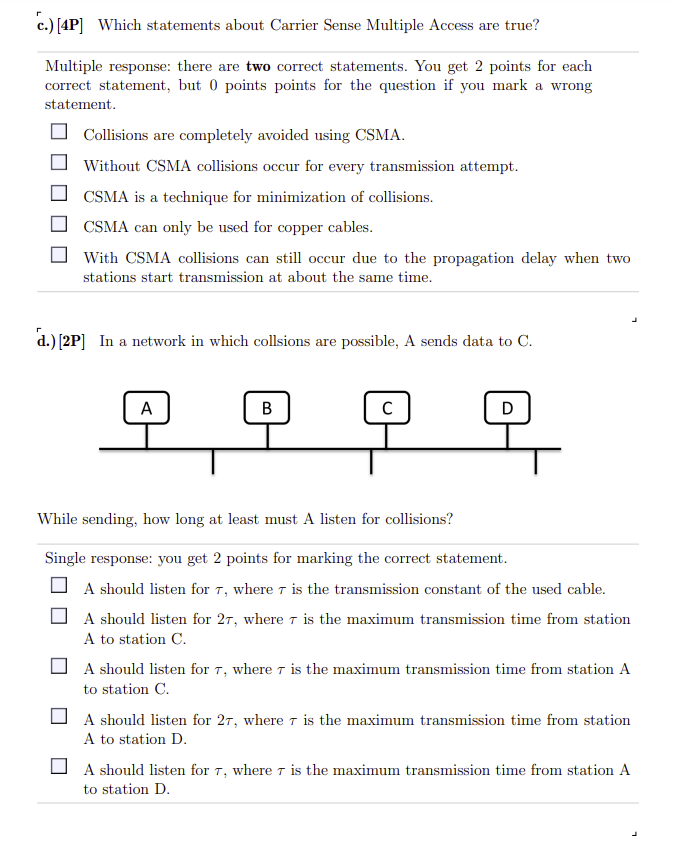 Solved c. [4P] Which statements about Carrier Sense Multiple | Chegg.com