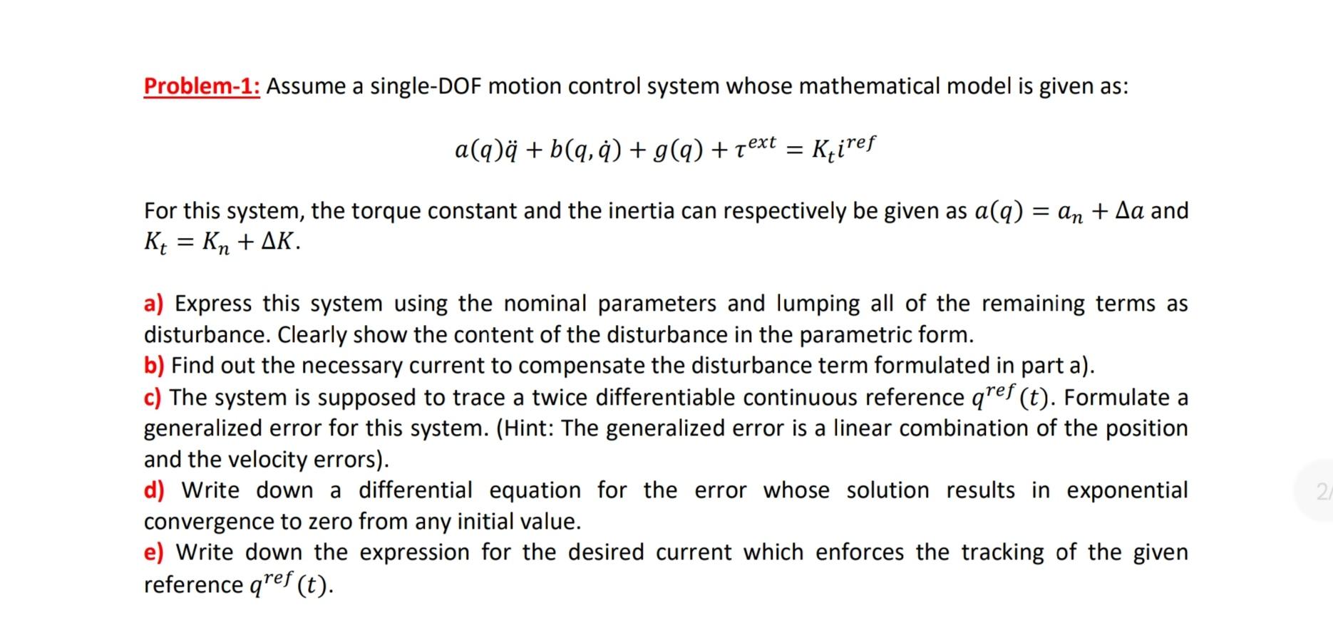 Solved Problem-1: Assume a single-DOF motion control system | Chegg.com