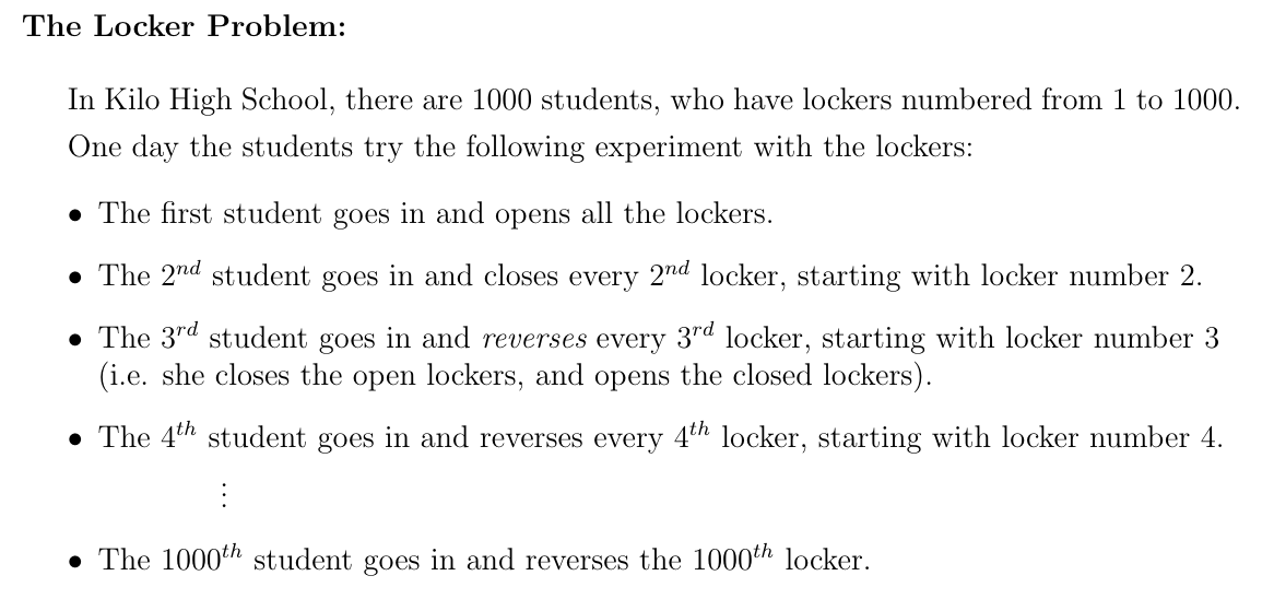 Solved The Locker Problem: In Kilo High School, there are | Chegg.com