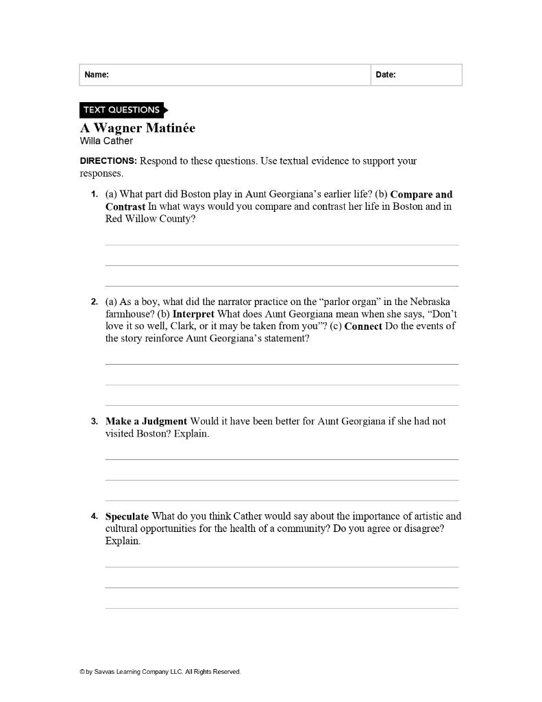 TEXT QUESTIONS A Wagner Matinée Willa Cather | Chegg.com