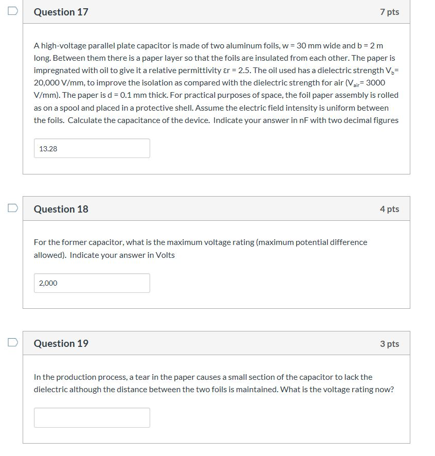 Solved D Question 17 7 pts A high-voltage parallel plate | Chegg.com