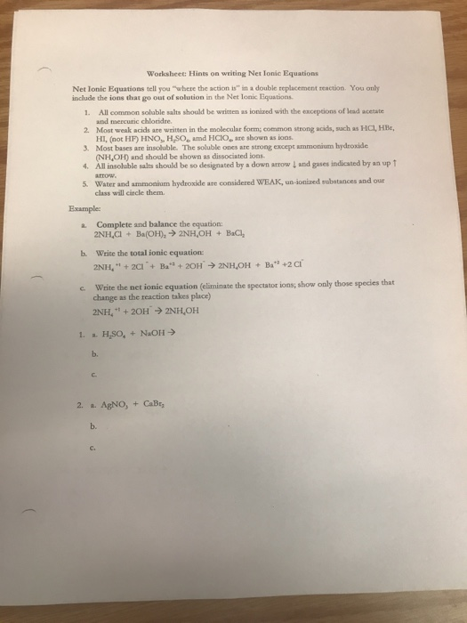 Solved Worksheet: Hints on wiiting Net Ionic Equations Net | Chegg.com