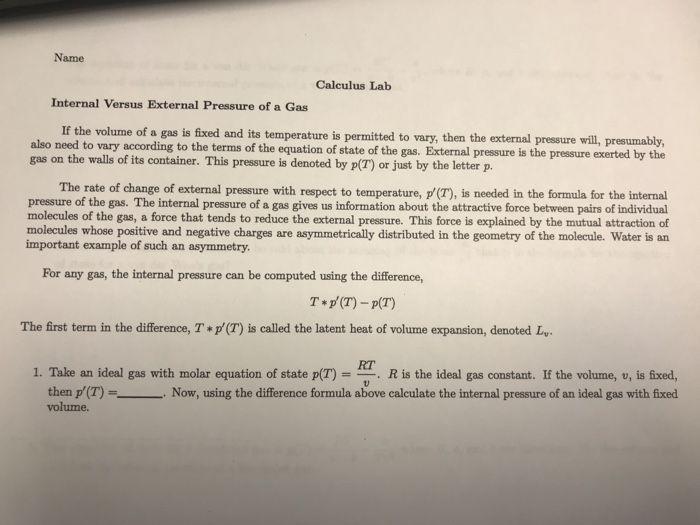 Solved Name Calculus Lab Internal Versus External Pressure | Chegg.com