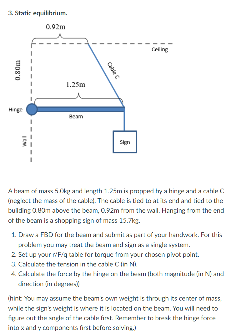 Solved 3. Static equilibrium. A beam of mass 5.0 kg and | Chegg.com