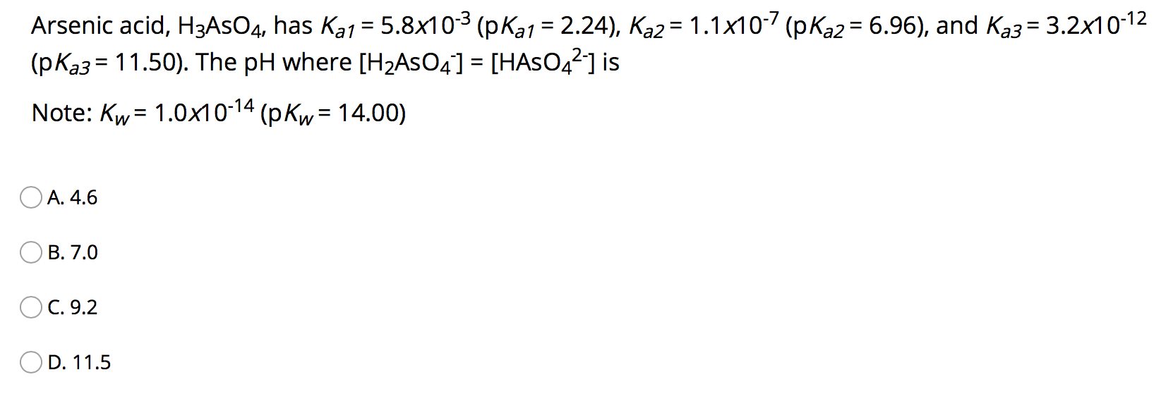 Solved Arsenic acid, H3ASO4, has Ka1 = 5.8x10-3 (p Ka1 = | Chegg.com