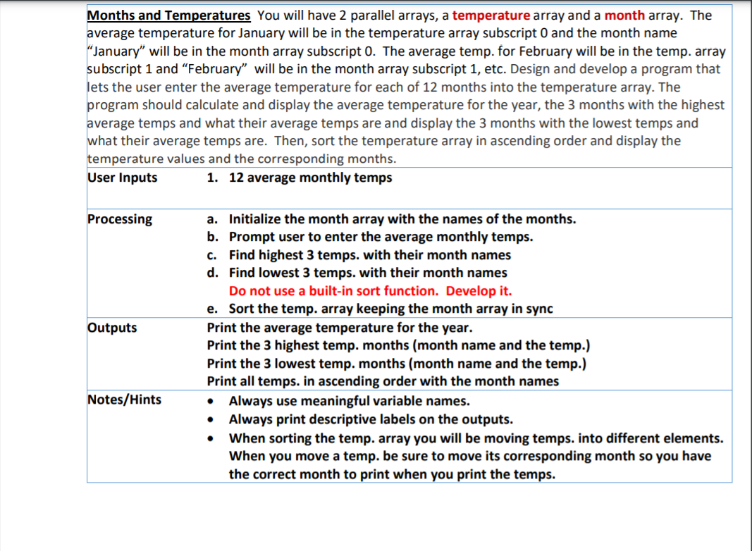 Solved Months and Temperatures You will have 2 parallel | Chegg.com