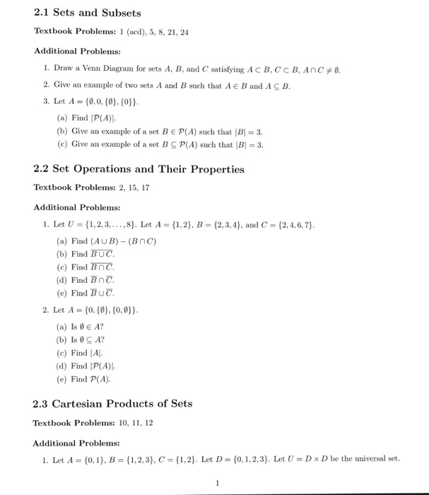 Solved 2.1 Sets and Subsets Textbook Problems: 1 (acd), 5, | Chegg.com