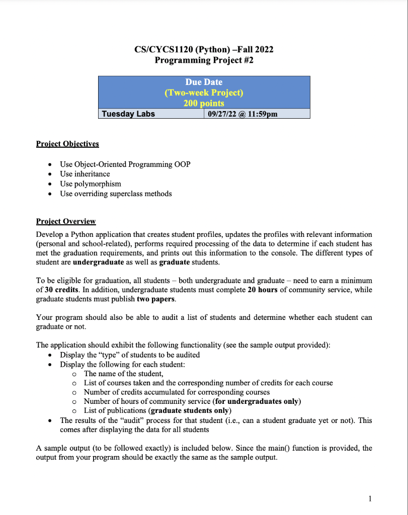 Solved CS/CYCS1120 (Python) -Fall 2022 Programming Project | Chegg.com