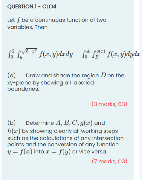 Solved QUESTION 1 - CLO4 Let f be a continuous function of | Chegg.com