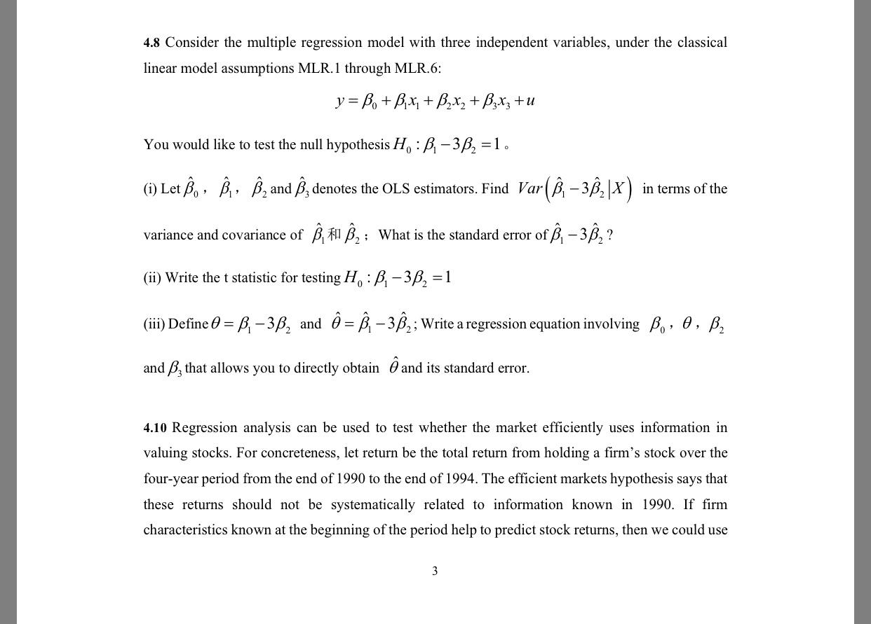 Solved 4.8 Consider the multiple regression model with three | Chegg.com