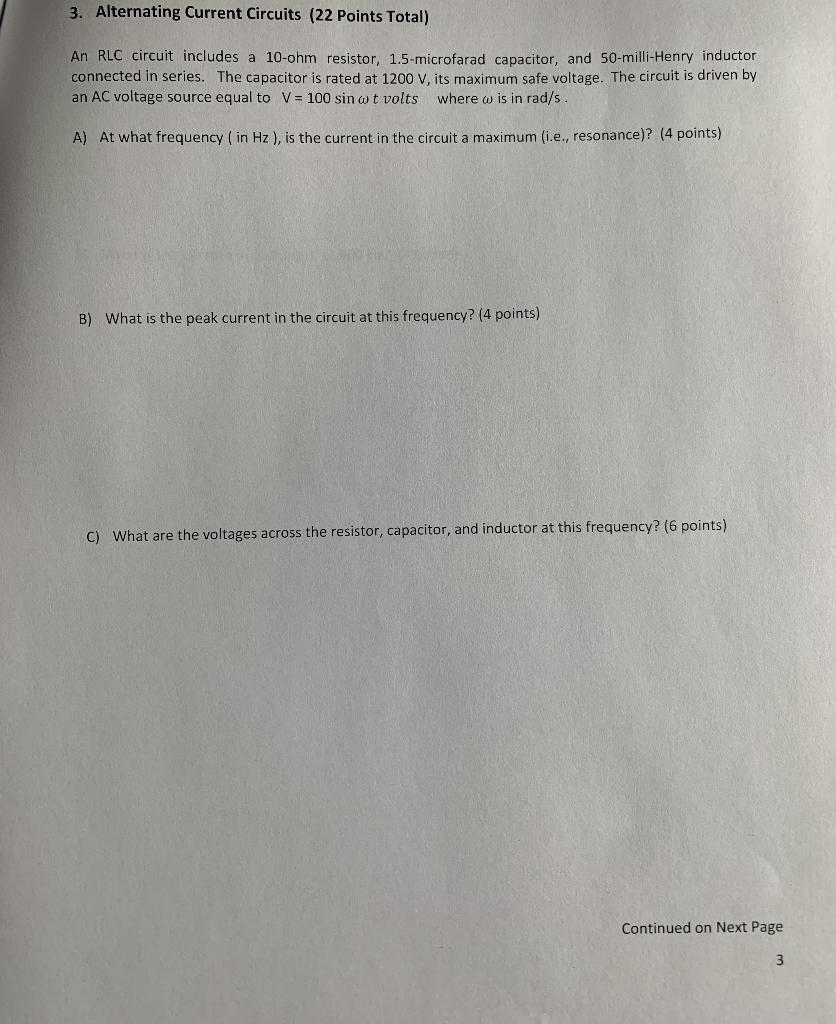 Solved 3. Alternating Current Circuits (22 Points Total) An | Chegg.com
