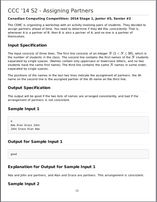 Solved CCC '14 S2 Assigning Partners Canadian Computing | Chegg.com