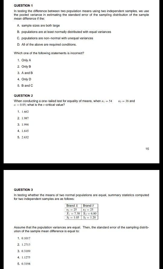 Solved Question 1 In Testing The Difference Between Two 9144