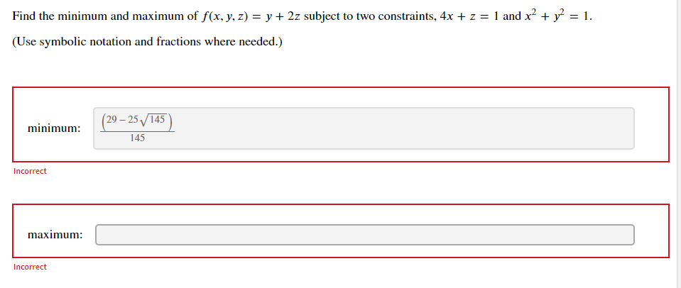 Solved Find the minimum and maximum of f(x,y,z)=y+2z subject | Chegg.com