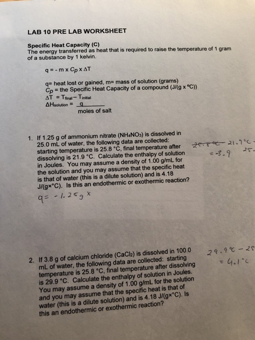 Solved LAB 10 PRE LAB WORKSHEET Specific Heat Capacity (C) | Chegg.com