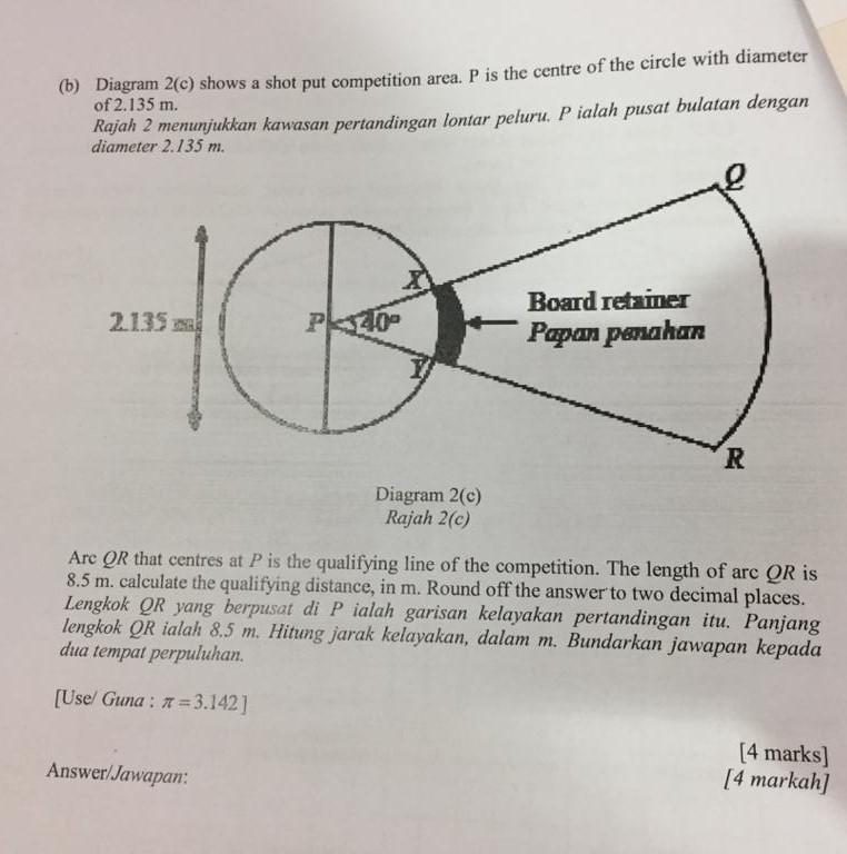 Solved (b) Diagram 2(c) shows a shot put competition area. P | Chegg.com