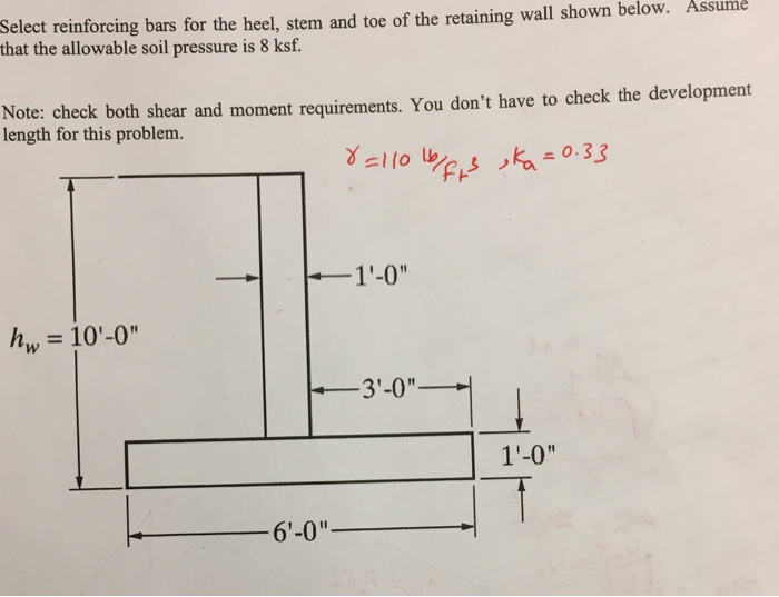 Solved Select reinforcing bars for the heel, stem and toe of | Chegg.com
