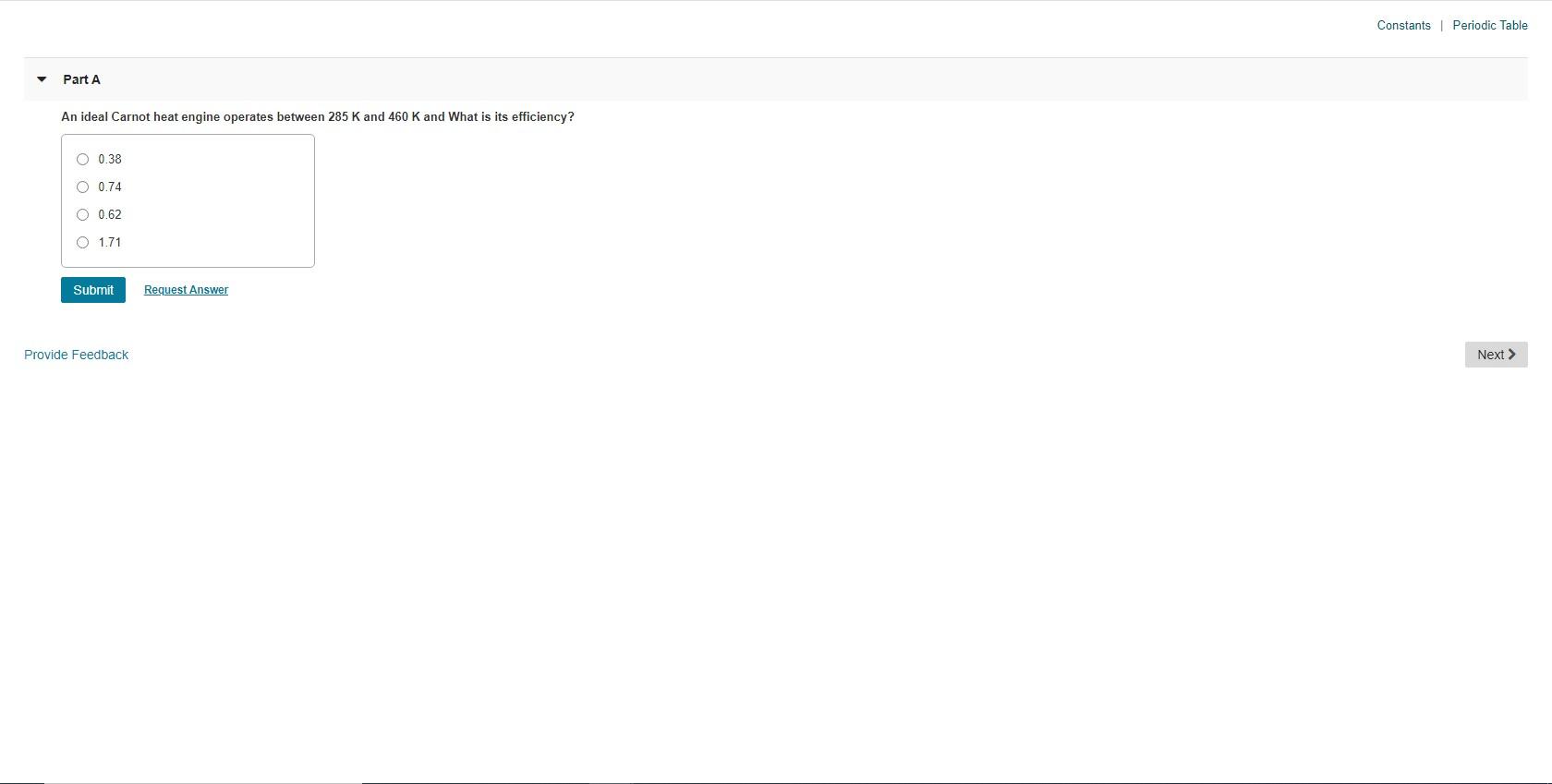 Solved Constants Periodic Table Part A An ideal Carnot heat | Chegg.com