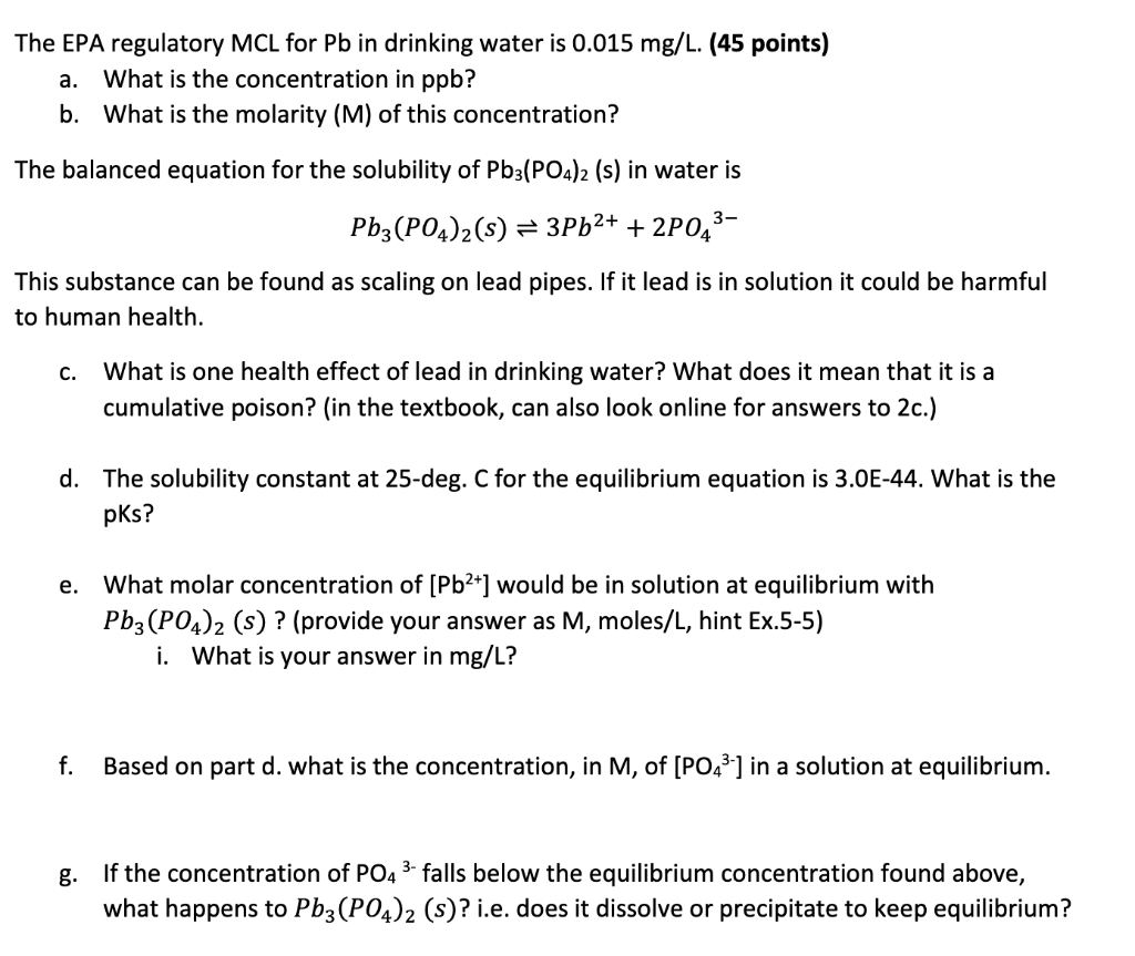 Solved The EPA regulatory MCL for Pb in drinking water is | Chegg.com