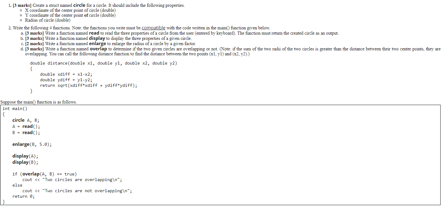 Solved 1. [3 marks] Create a struct named circle for a | Chegg.com