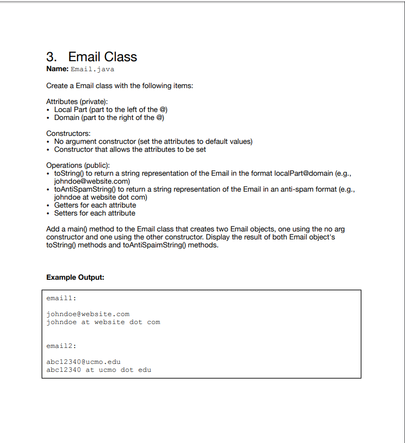 Solved 3. Email Class Name: Email.java Create a Email class | Chegg.com