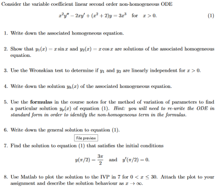 Solved Consider the variable coefficient linear second order | Chegg.com