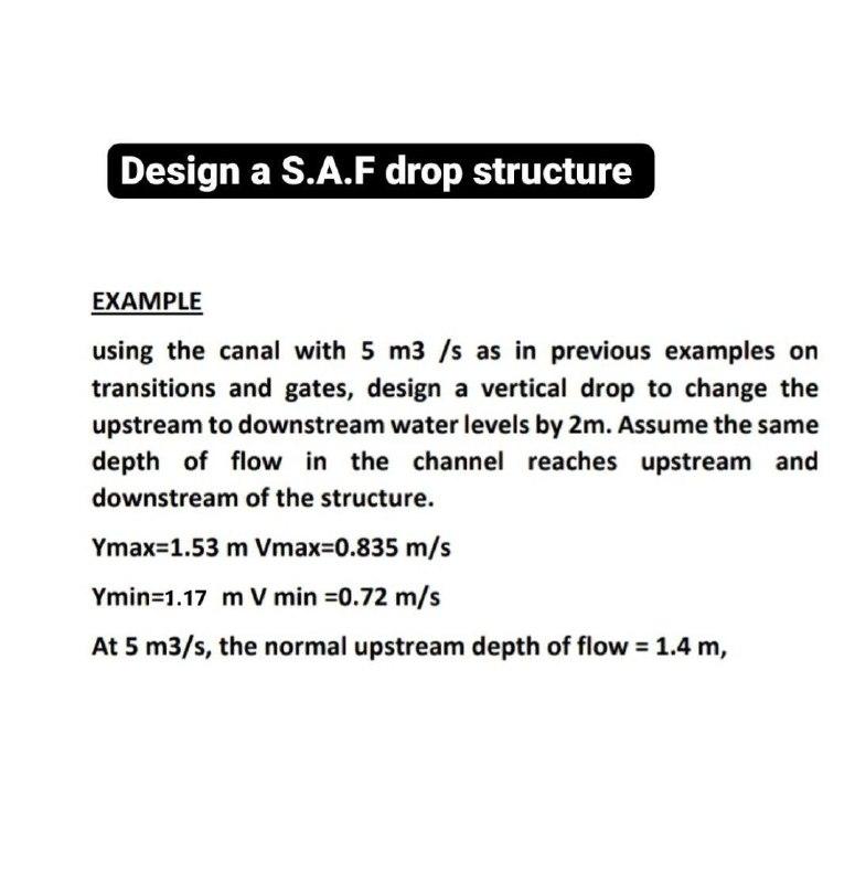 Solved Design a S.A.F drop structure EXAMPLE using the canal | Chegg.com