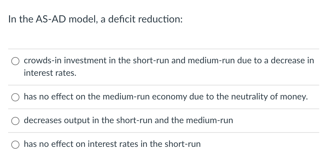 Solved In the AS-AD model, a deficit reduction: crowds-in | Chegg.com