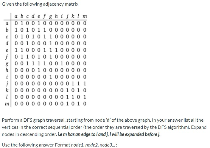 Solved Given the following adjacency matrix e a b c d e f g | Chegg.com