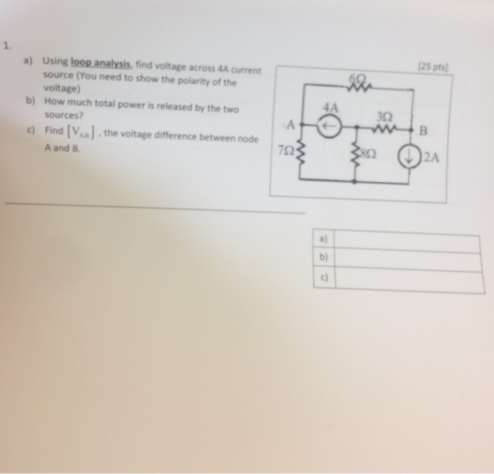 Solved 1. a) Using loop analysis, find voltage across 4A | Chegg.com