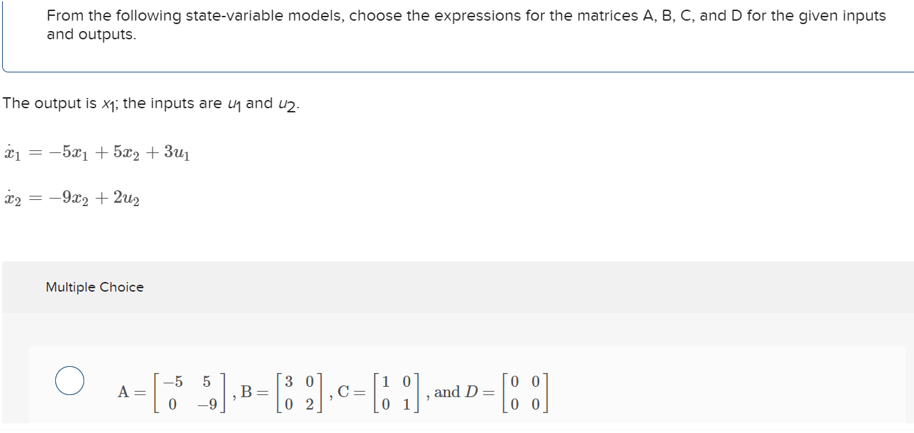 Solved From the following state-variable models, choose the | Chegg.com