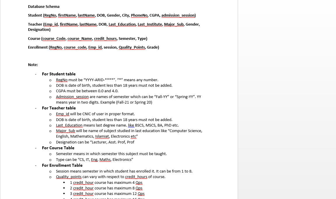 Solved Database Schema Student (Regno, firstName, lastName, | Chegg.com