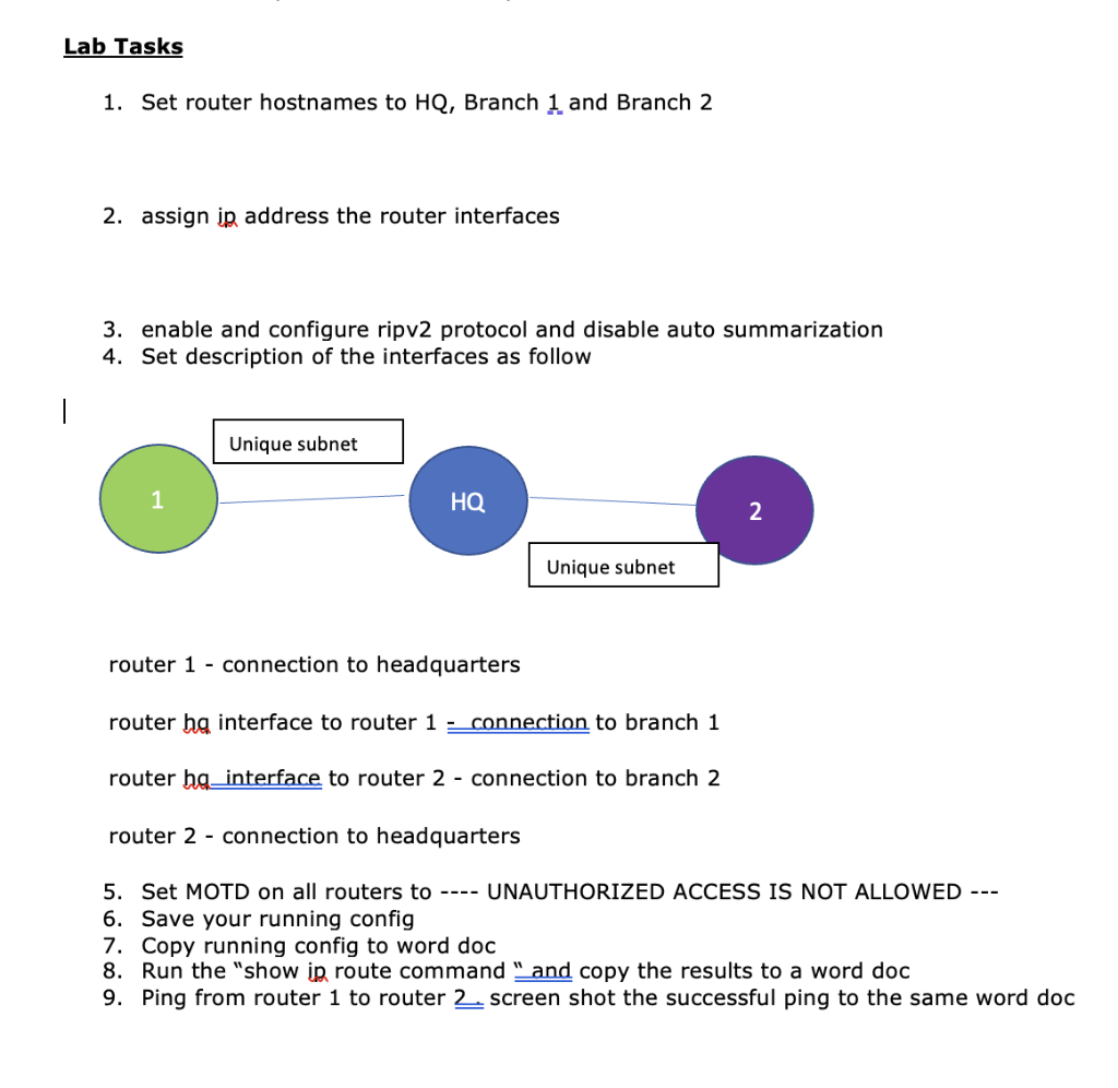 Lab Tasks 1. Set router hostnames to HQ, Branch 1 and | Chegg.com