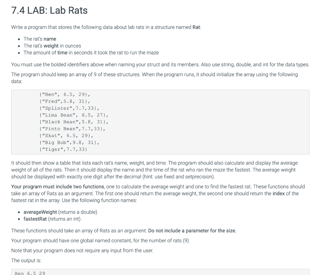 Solved 7.4 LAB: Lab Rats Write a program that stores the | Chegg.com