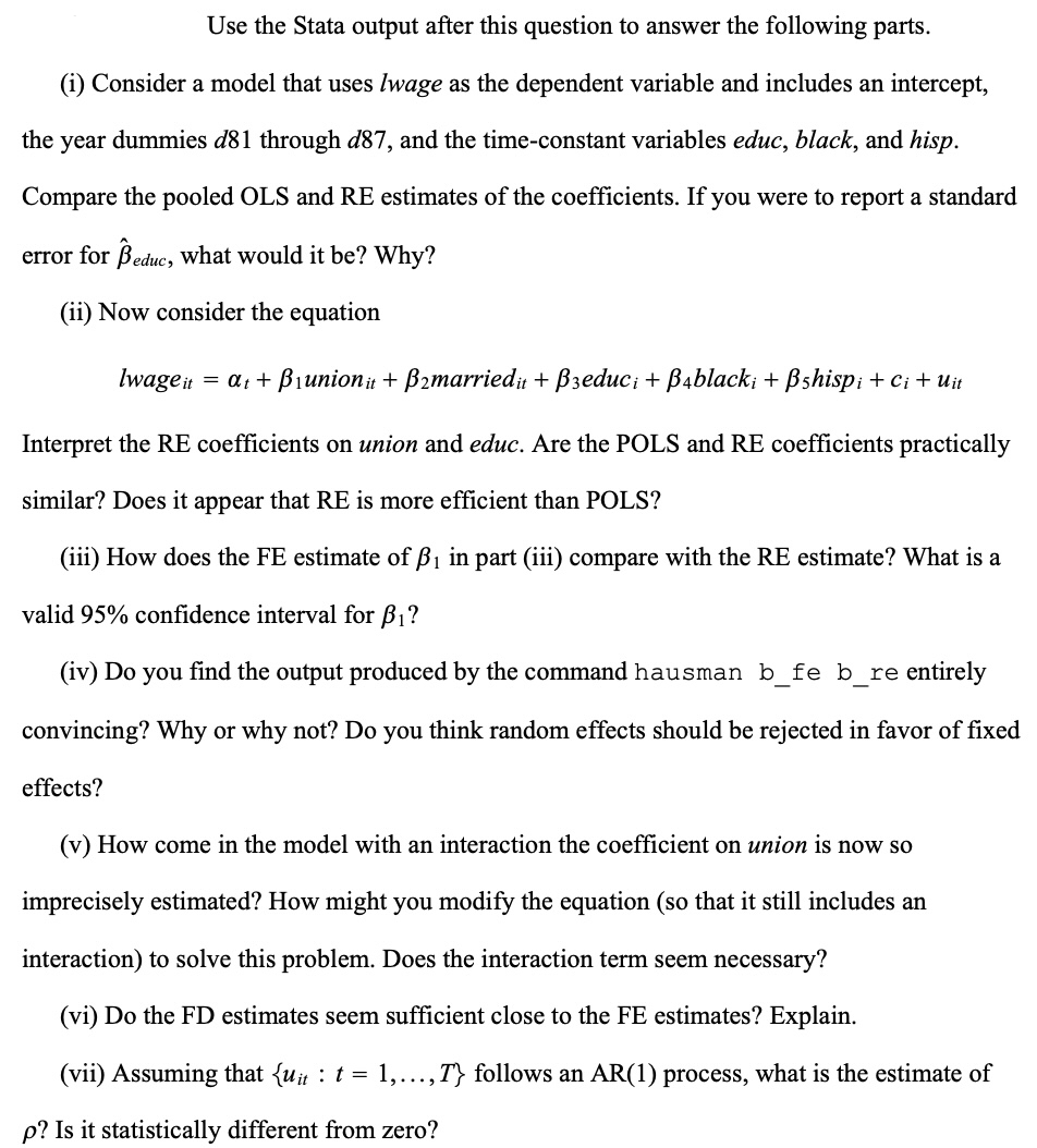 Solved Use The Stata Output After This Question To Answer 
