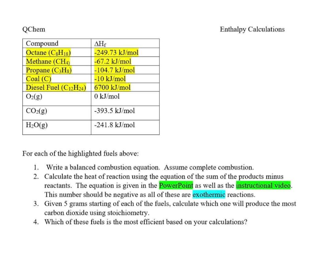 Solved QChem Enthalpy Calculations Compound Octane (C8H18) | Chegg.com