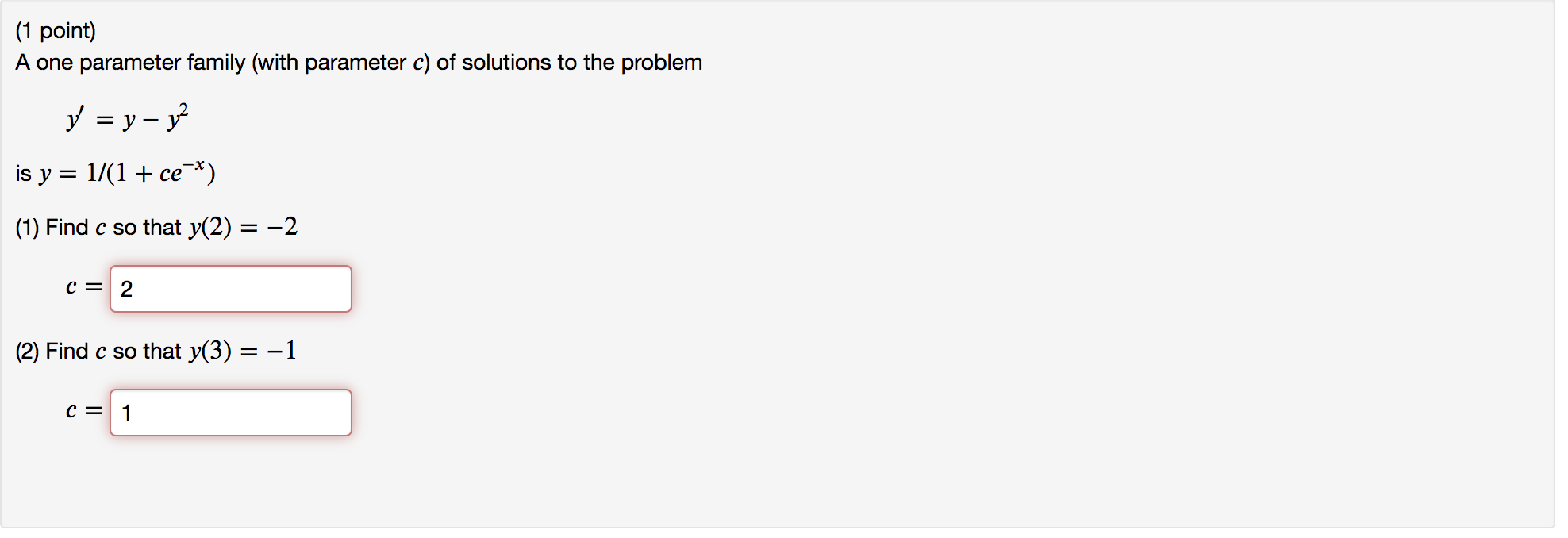 Solved (1 point) A one parameter family (with parameter c) | Chegg.com