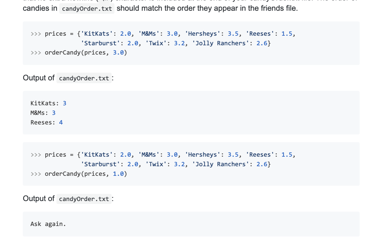 Solved Function Name: orderCandy() Parameters: prices ( dict | Chegg.com