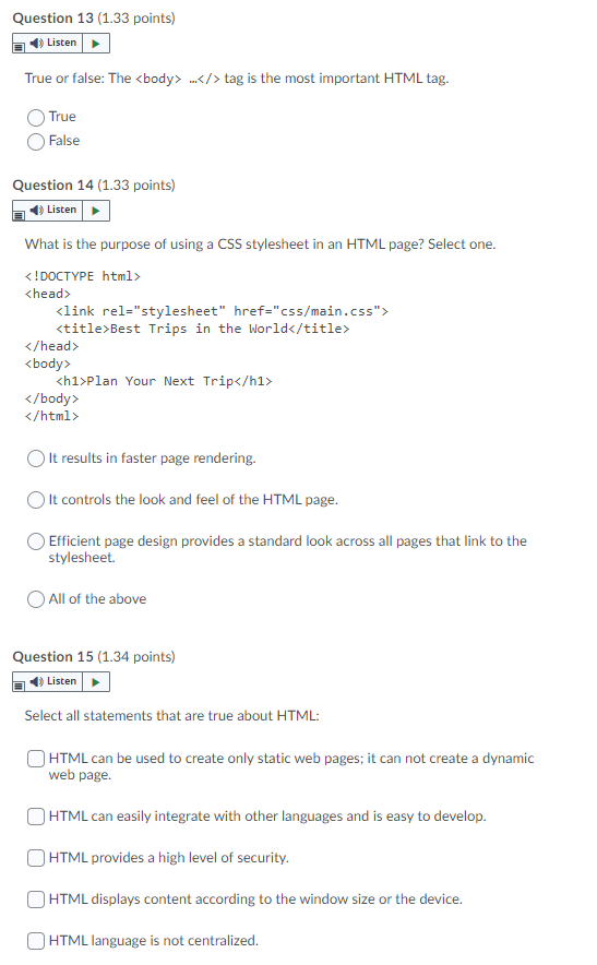 Solved Question 5 (1.33 points) Listen In HTML, which of the | Chegg.com
