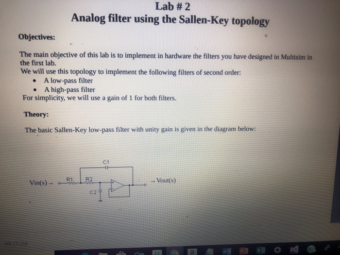 Lab # 2 Analog filter using the Sallen-Key topology | Chegg.com