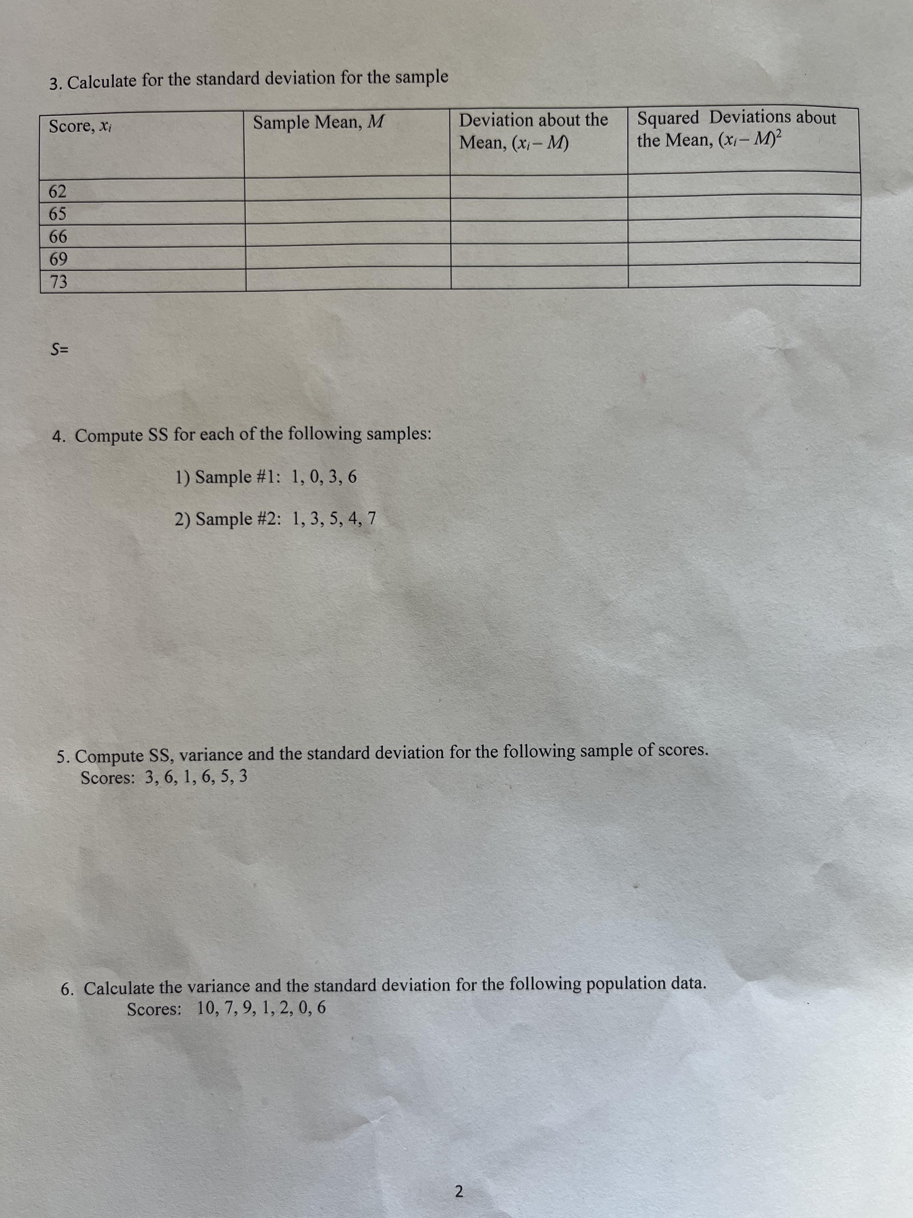 Solved 3. Calculate for the standard deviation for the | Chegg.com