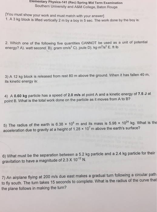 Solved Elementary Physics Mid erm Examination Southern | Chegg.com