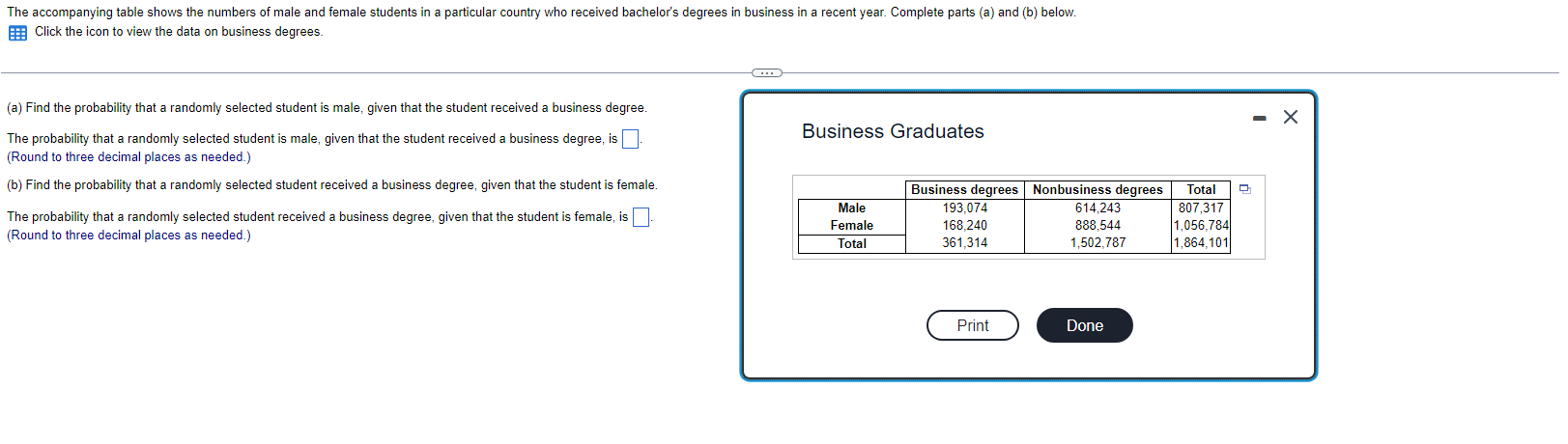 Solved The accompanying table shows the numbers of male and | Chegg.com