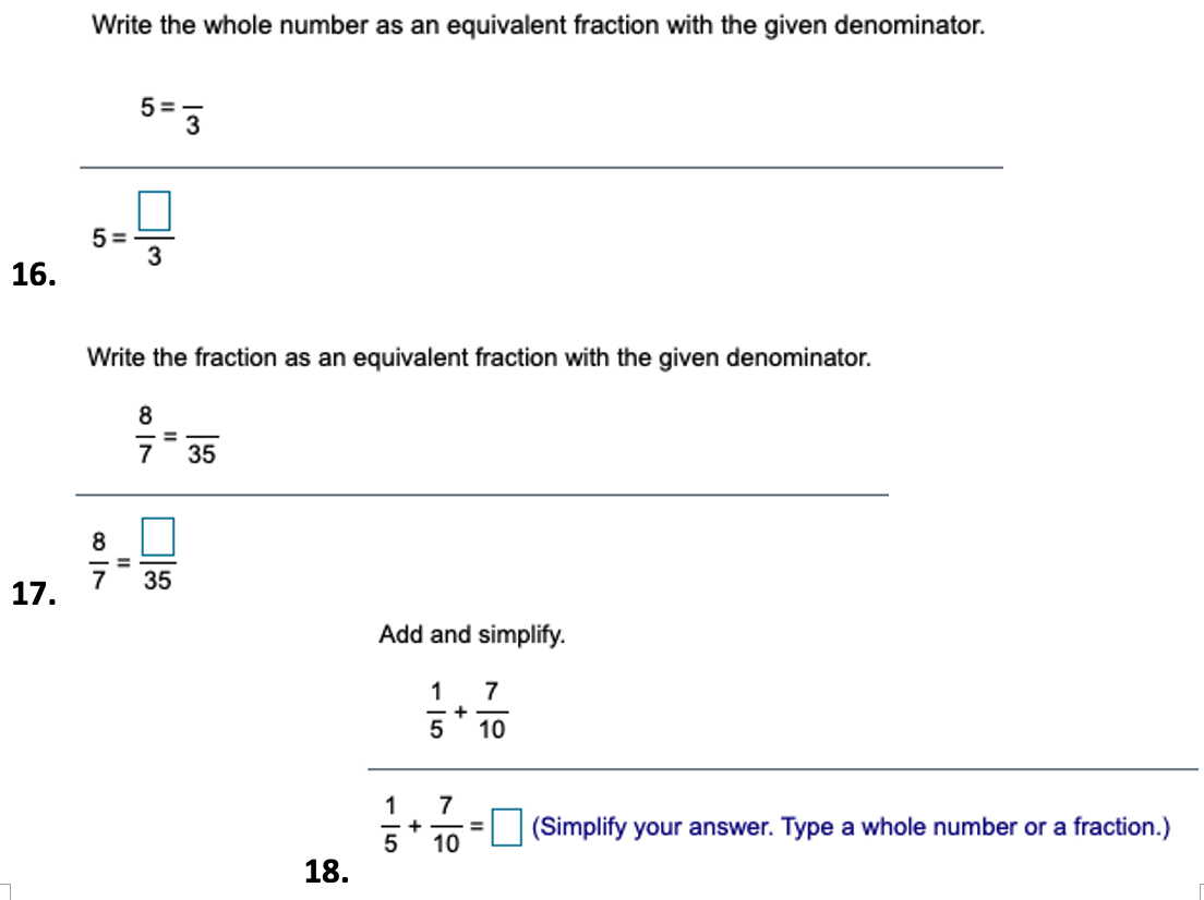 Solved Write the whole number as an equivalent fraction with | Chegg.com